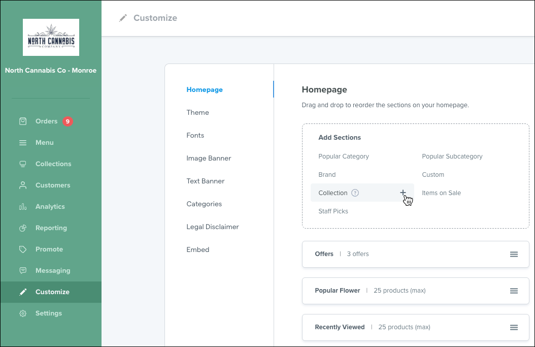 Collection management: Add to homepage, add links, edit, preview, and ...